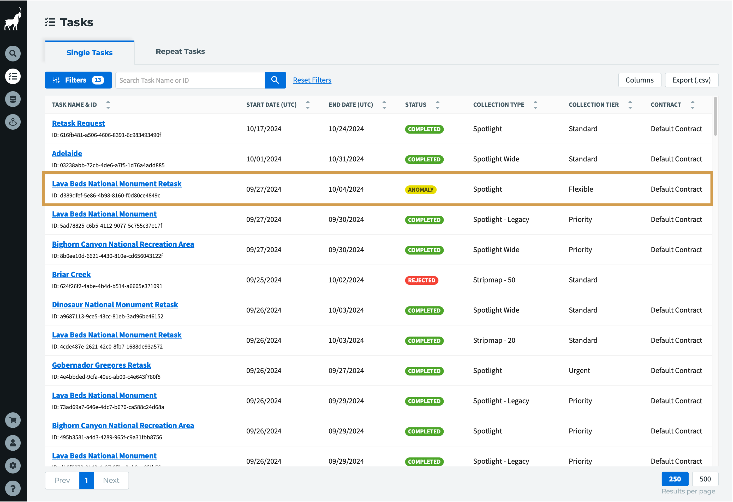 Retask an existing tasking request in Console